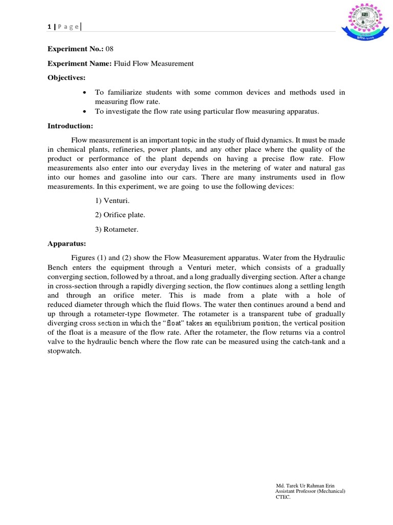 Fliud Flow Measurement | PDF | Flow Measurement | Fluid Dynamics
