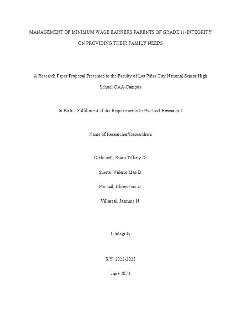Management of Minimum Wage Earners Parents of Grade 112 | PDF | Minimum ...
