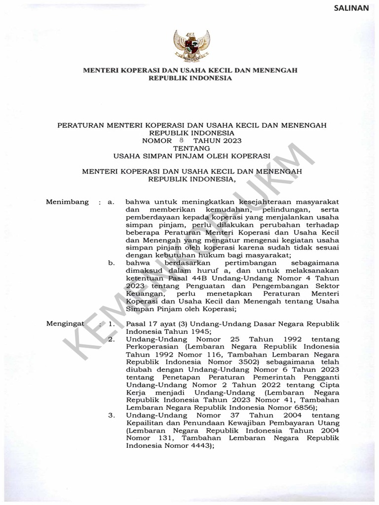 Permenkop Dan UKM Nomor 8 Tahun 2023 | PDF