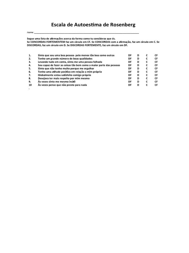 Escala de Autoestima de Rosenberg | PDF