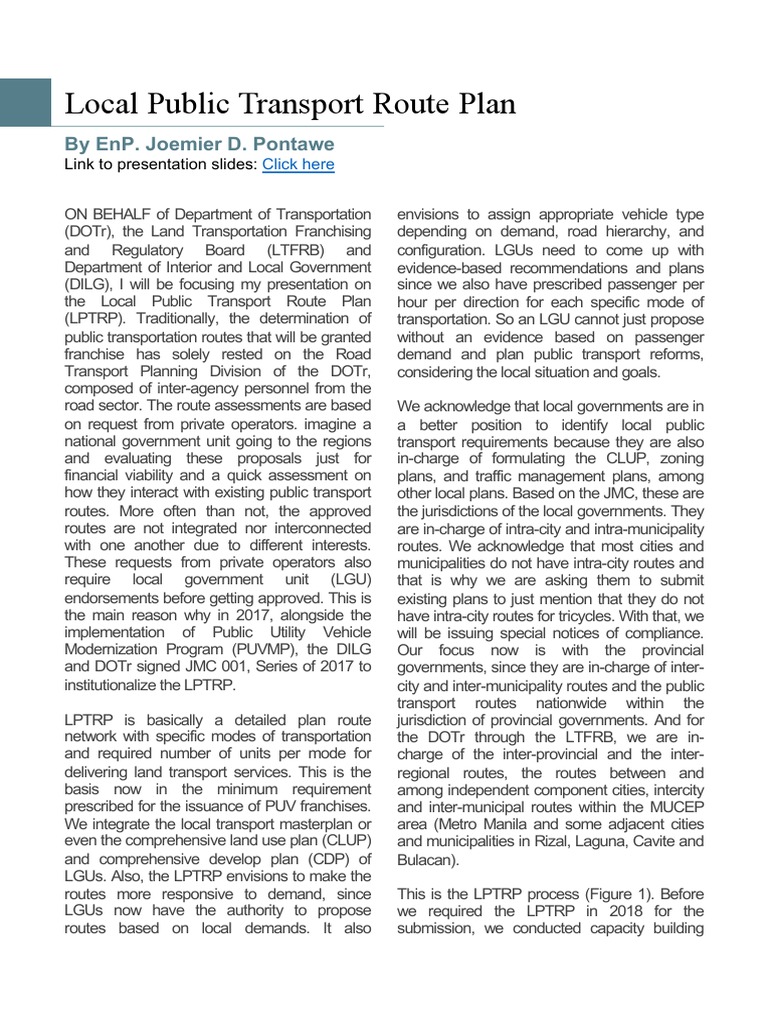 Local Public Transport Route Plan LPTRP 1 | PDF