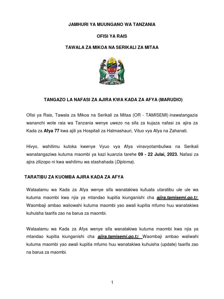 Tangazo La Ajira Afya Tamisemi Juni 2023 Marudio 1 | PDF