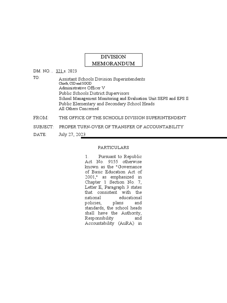 Transfer of Accountability Guidelines 2023 | PDF