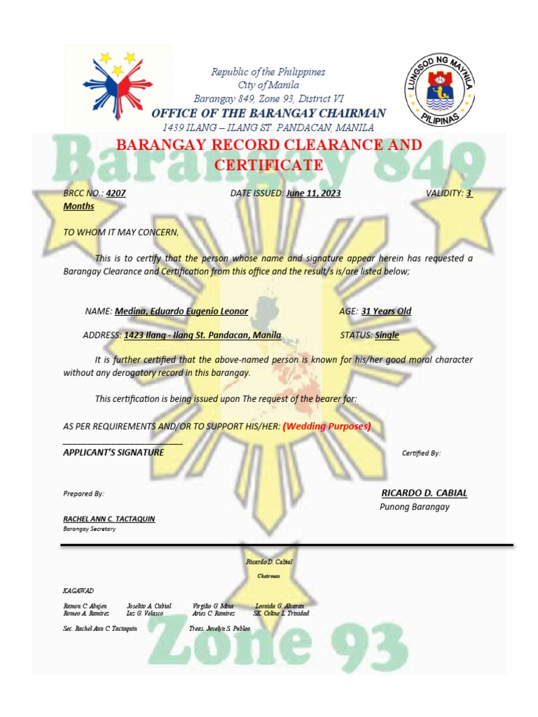 Barangay Clearance Certificate - Pandacan | PDF