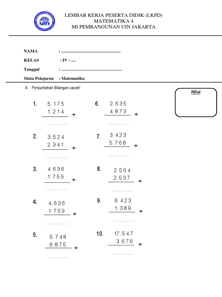LKPD Penjumlahan Bilangan Cacah | PDF