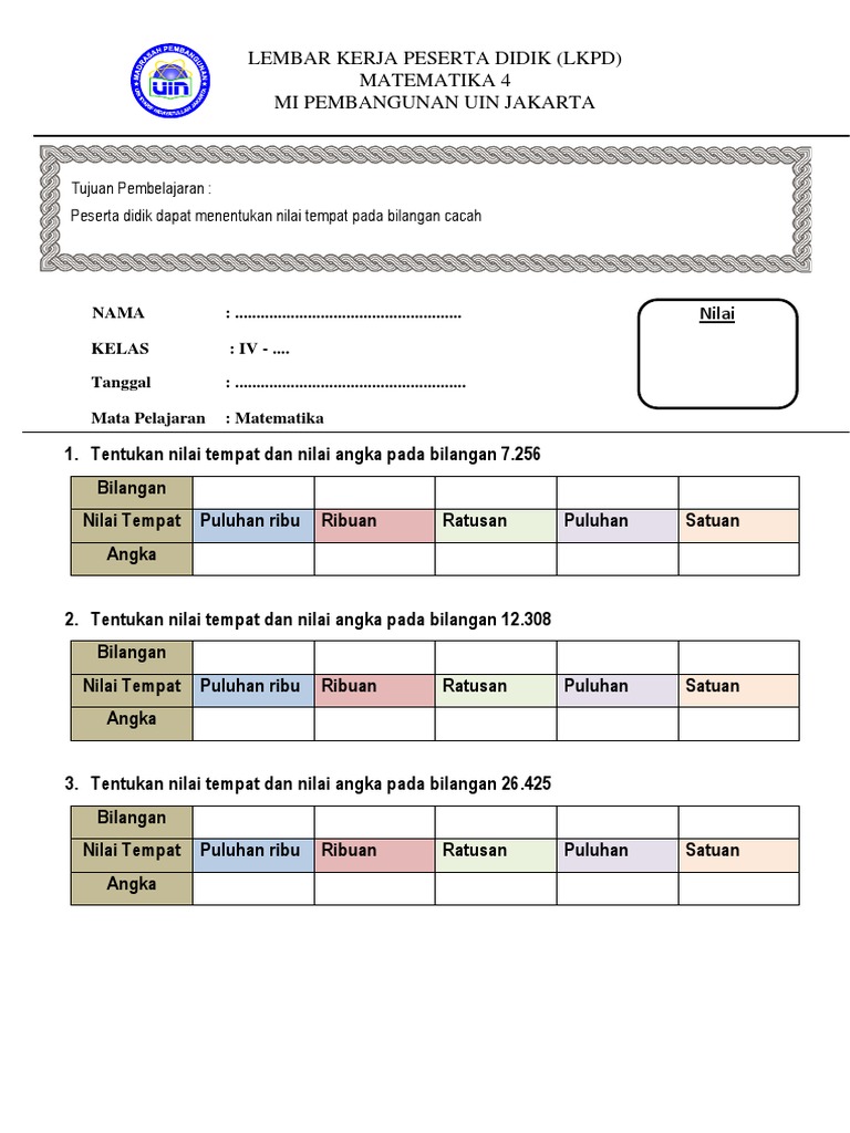 LKPD Matematika Kelas 4: Nilai Tempat | PDF | Metode & Bahan Ajar
