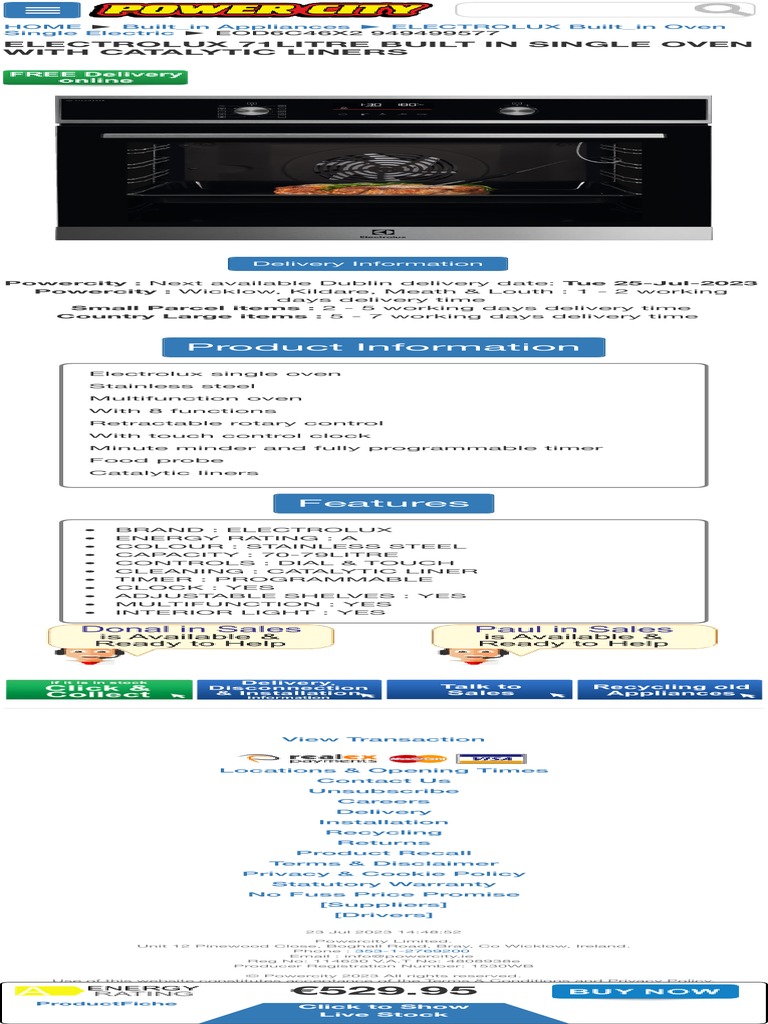 Powercity - Eod6c46x2 949499577 Electrolux 71litre Built in Single Oven ...
