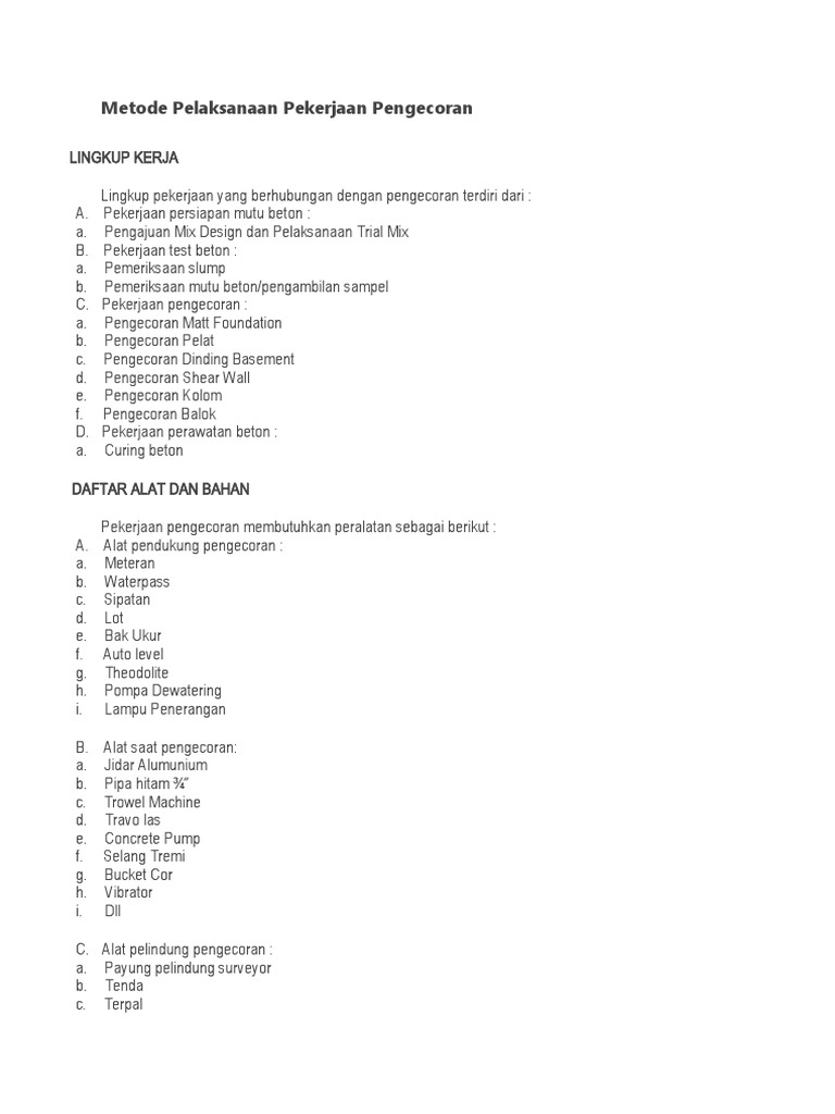 Metode Pelaksanaan Pekerjaan Pengecoran | PDF | Teknologi & Rekayasa