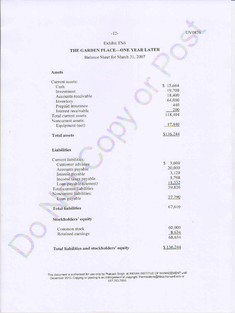 Garden Place BALANCE SHEET Answer | PDF