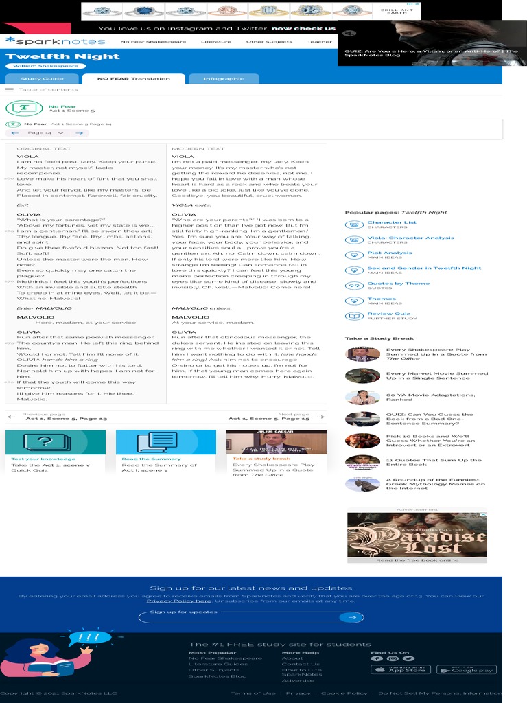 No Fear Shakespeare Twelfth Night Act 1 Scene 5 Page 14 SparkNotes | PDF