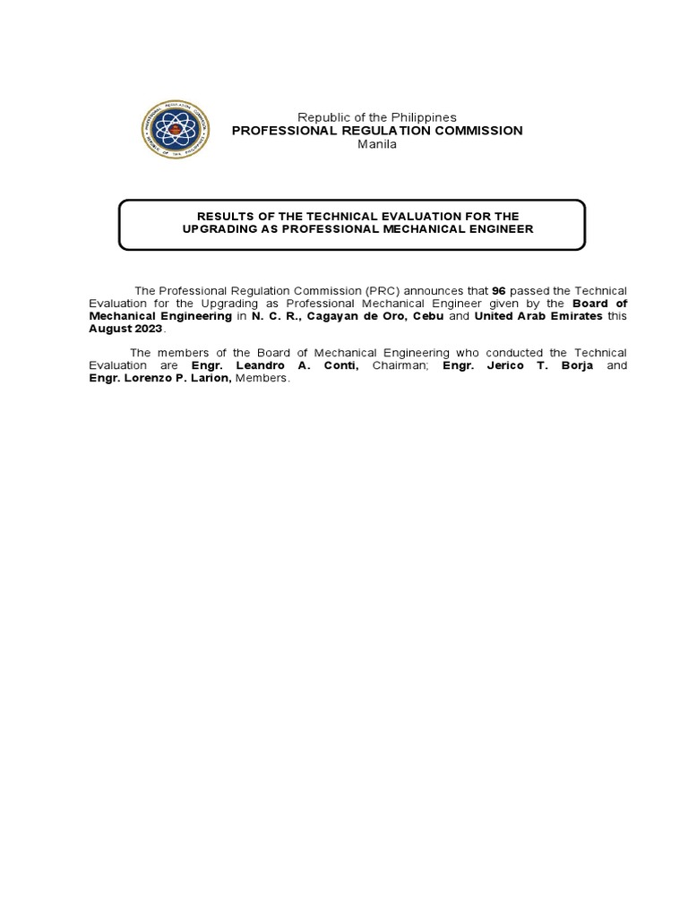 PRC Mechanical Engineering Results 2023 | PDF