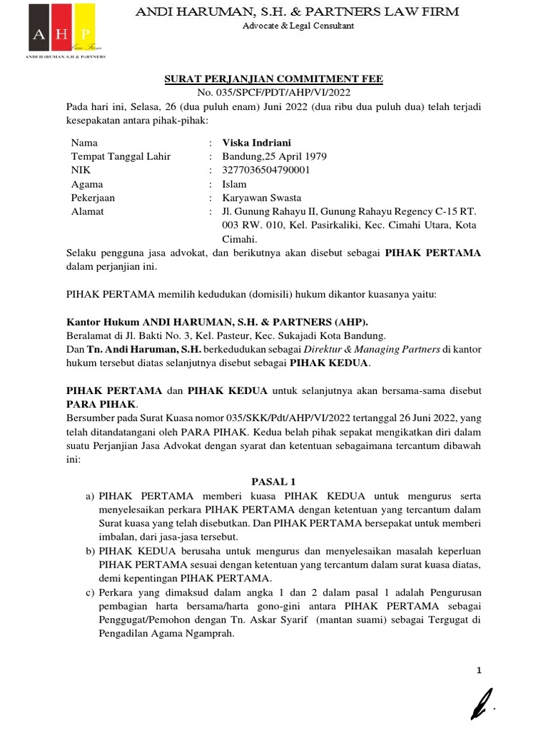 Surat Perjanjian Commitment Fee Viska NPH | PDF