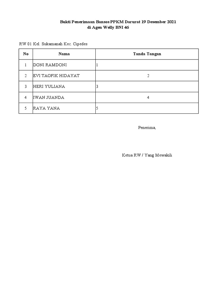 Bukti Penerimaan Bansos PPKM DARURAT 19 Desember | PDF