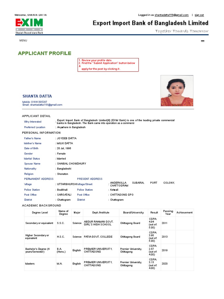 EXIM Bank - Erecruitment SHANTA DATTA - pdf2 | PDF | Bangladesh