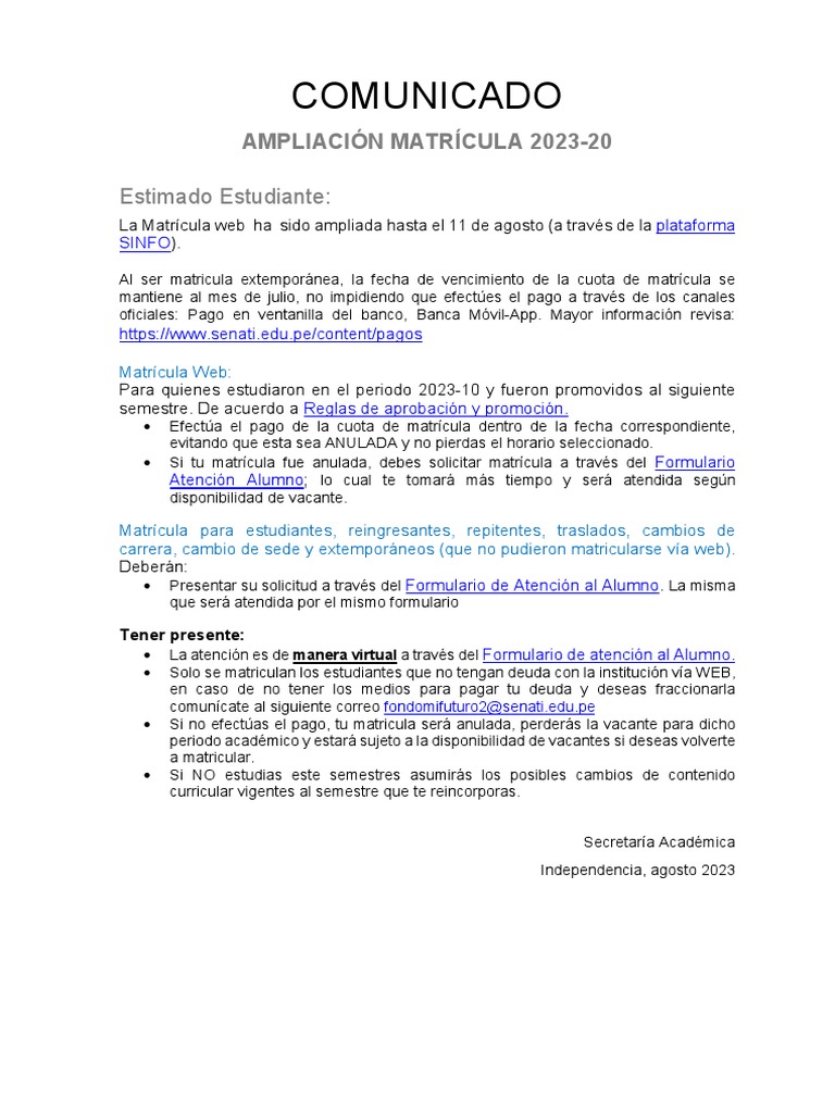 Comunicado Amplicion de Matricula Web 202320 v2 1 | PDF