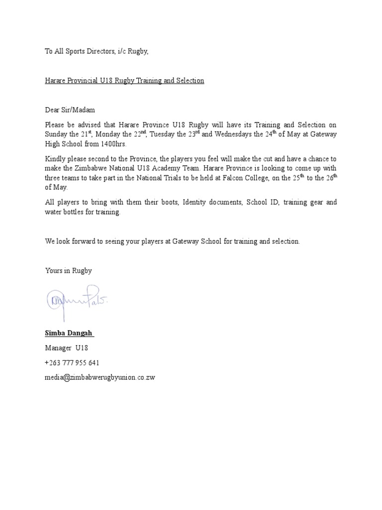 Harare U18 Trials Invitation Letter 20238 | PDF
