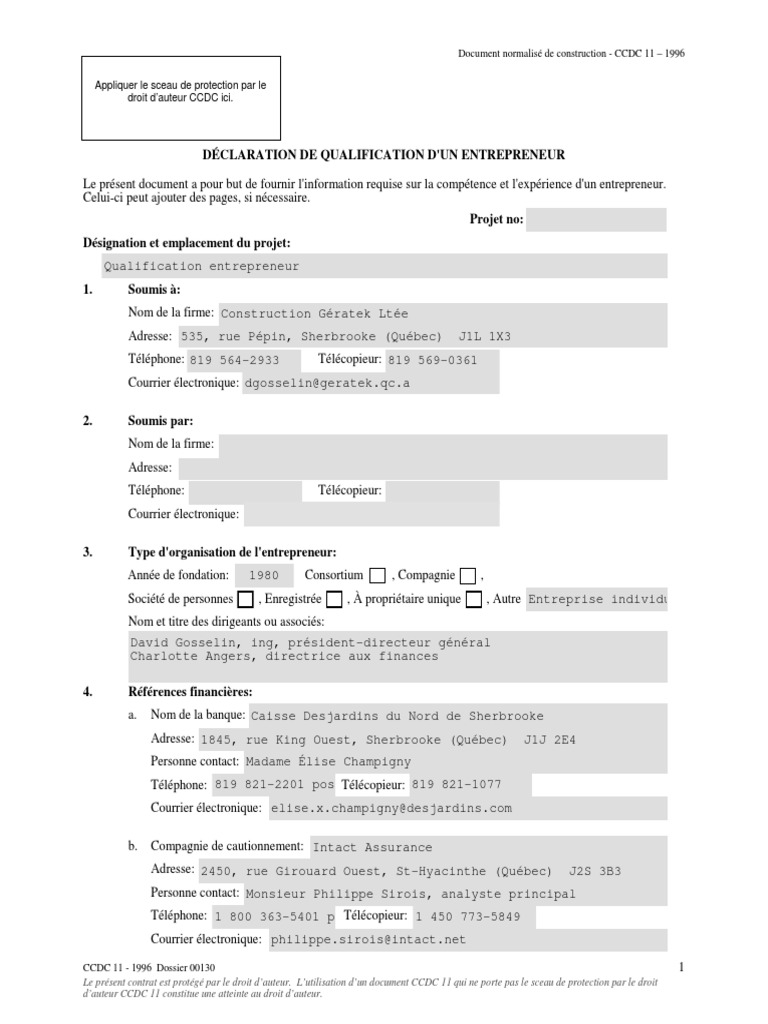 CCDC - 11 - Déclaration de Qualification D'un Entrepreneur - 2019 | PDF