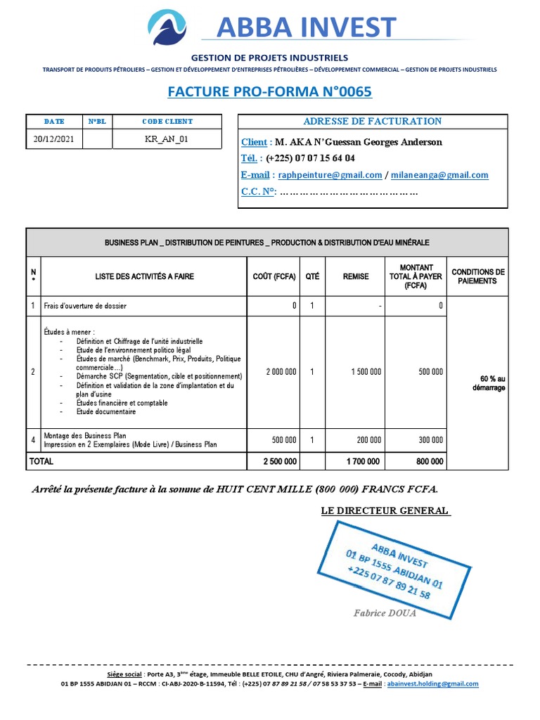 Facture N°65 _ Anderson _ UNITE DE PRODUCTION ET DE DISTRIBUTION D'EAU ...