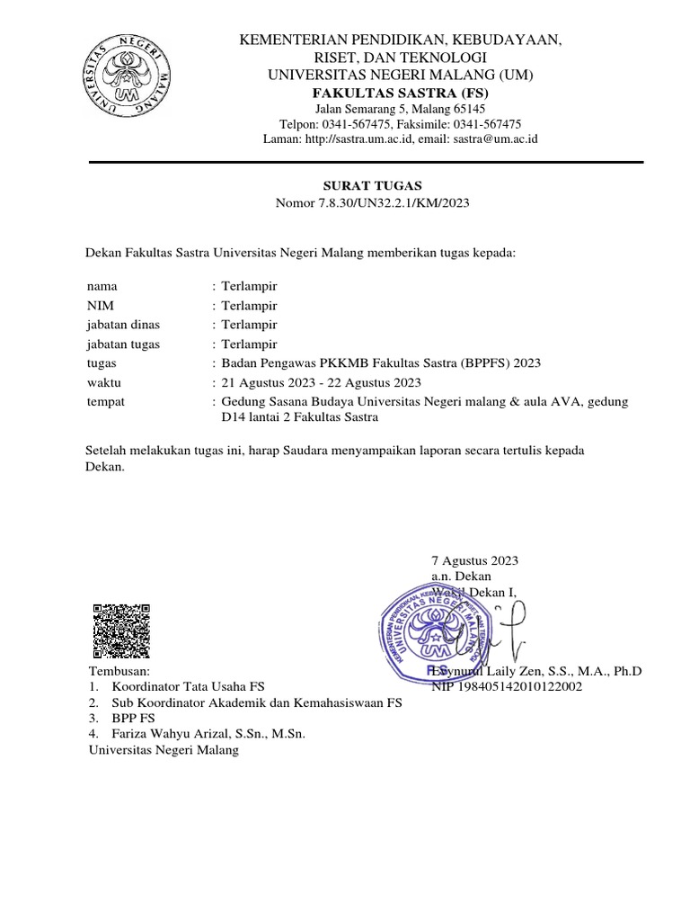 Surat Tugas BPPFS 2023 UM Malang | PDF