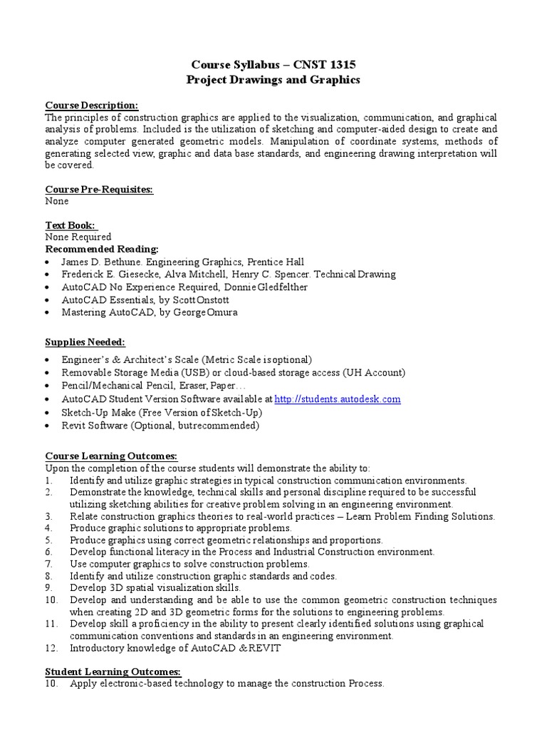 Course Syllabus - CNST 1315 Project Drawings and Graphics | PDF Course Syllabus - CNST 1315 Project Drawings and Graphics | PDF
