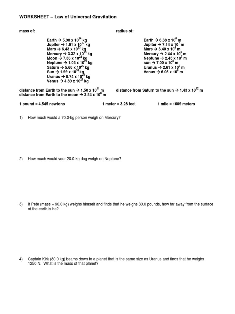 Gravitational Force WS | PDF | Gravity | Planets