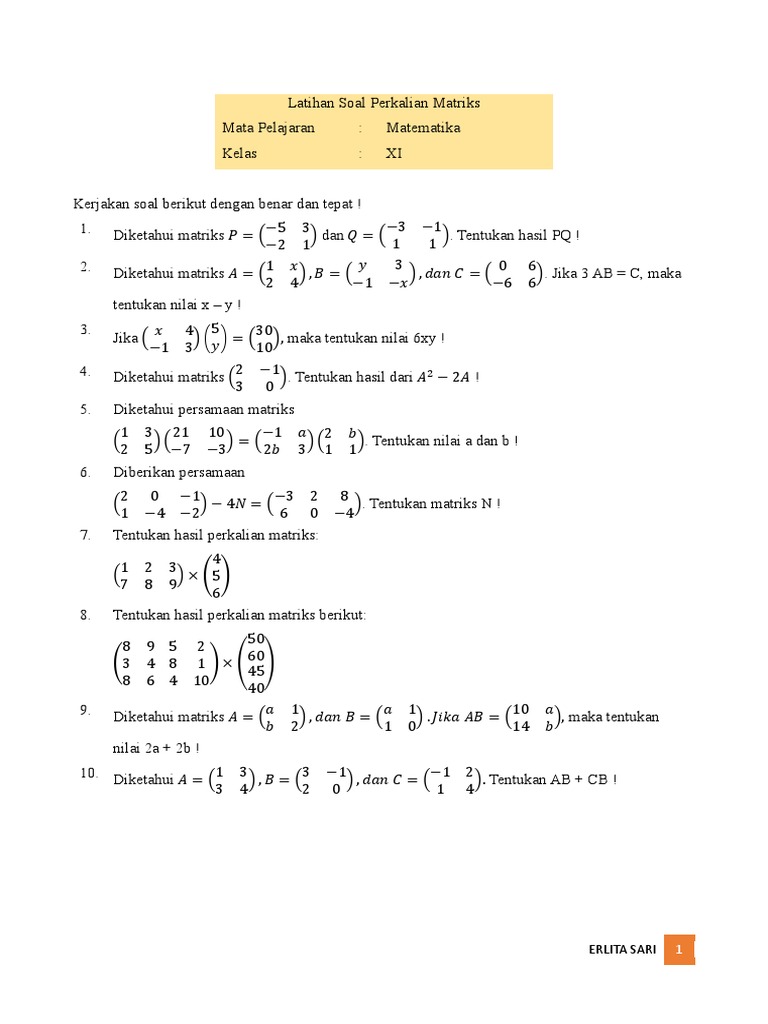 Latihan Soal Perkalian Matriks | PDF | Teaching Methods & Materials