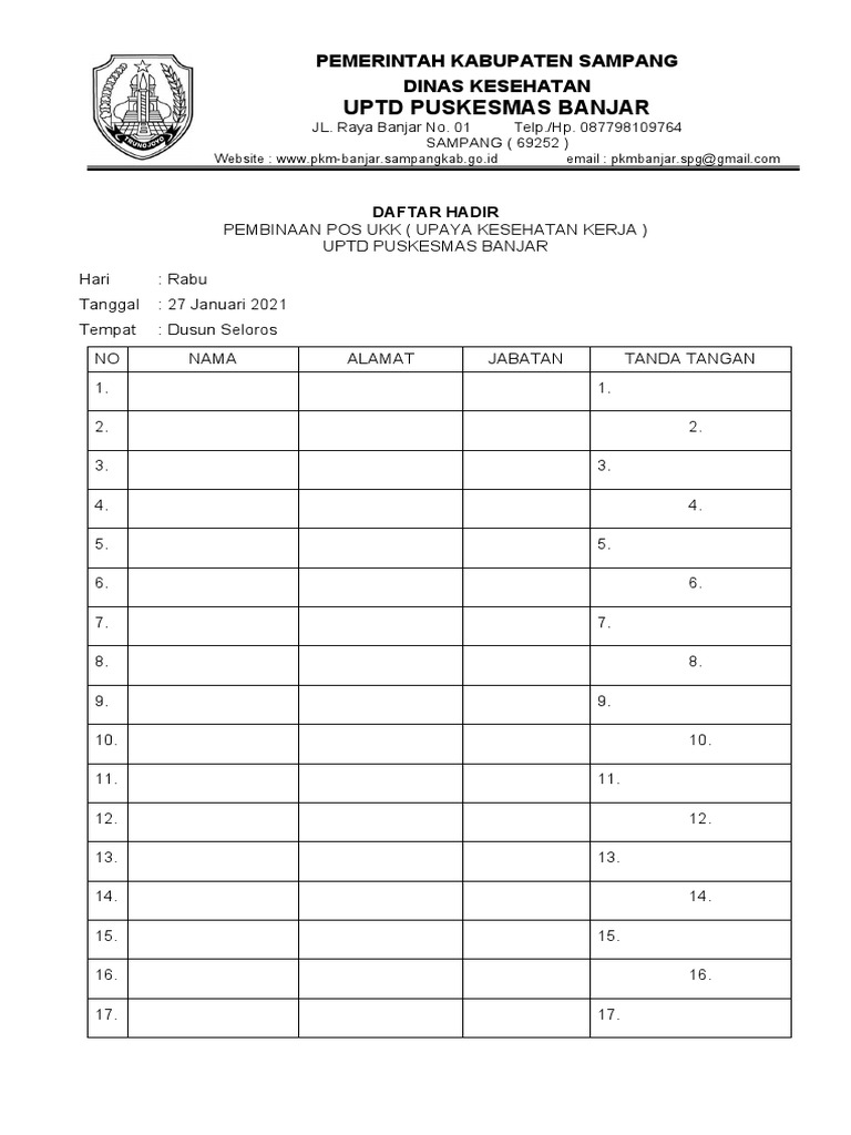 Daftar Hadir Pos Ukk 2021 | PDF