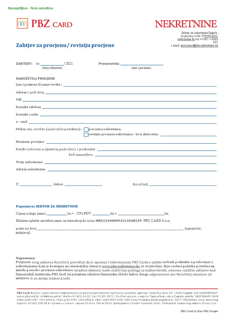 PBZ Nekretnine Zahtjev Za Procjenu Novi PDF | PDF