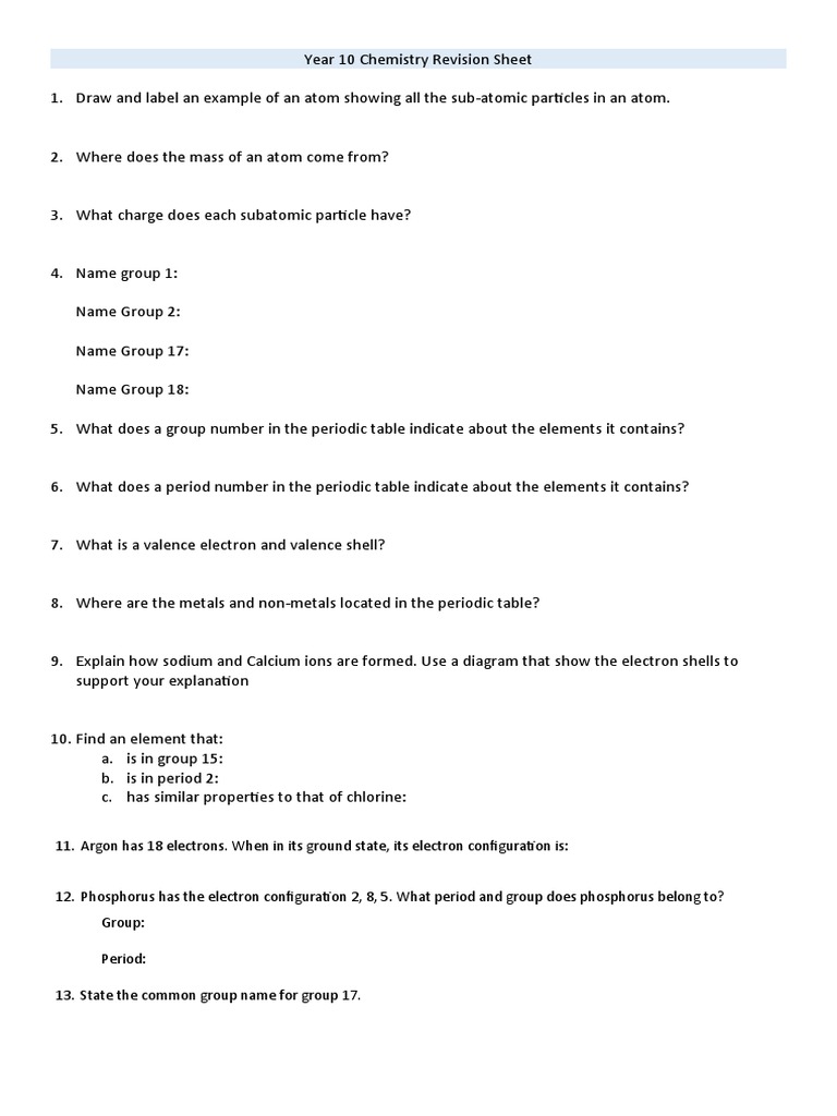 Year 10 Chemistry Revision Guide | PDF | Ion | Atoms