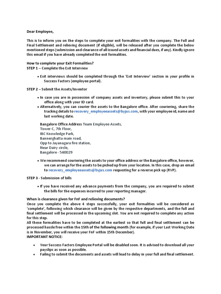 Exit Formalities Email - New | PDF | Business Exit Formalities Email - New | PDF | Business