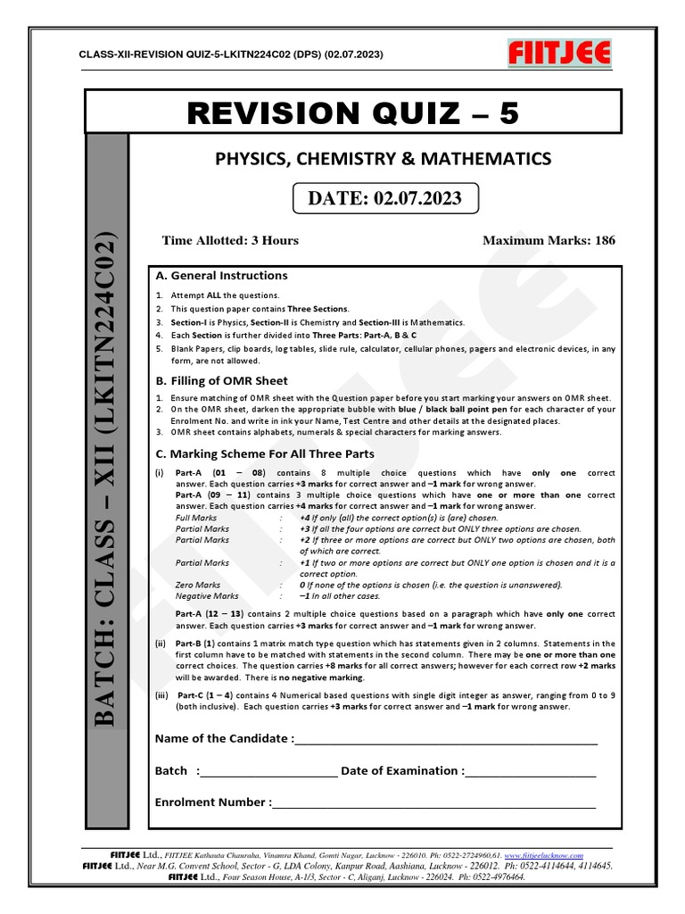 XII Revision Quiz 5 DPS | PDF
