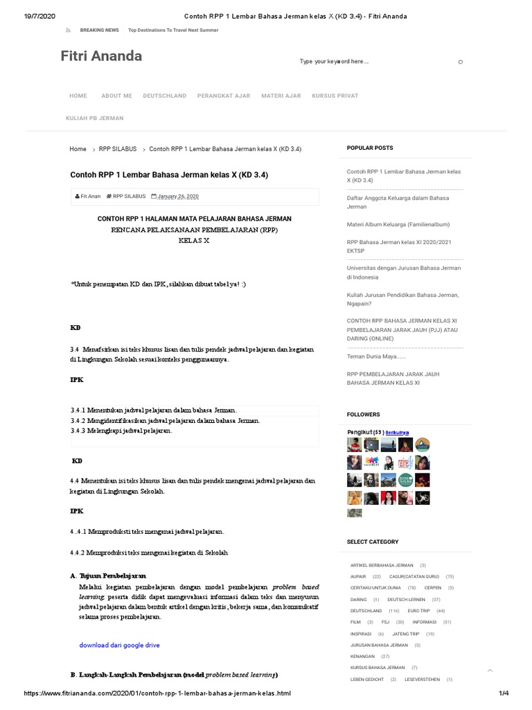 Contoh RPP 1 Lembar Bahasa Jerman Kelas X (KD 3.4) - Fitri Ananda | PDF