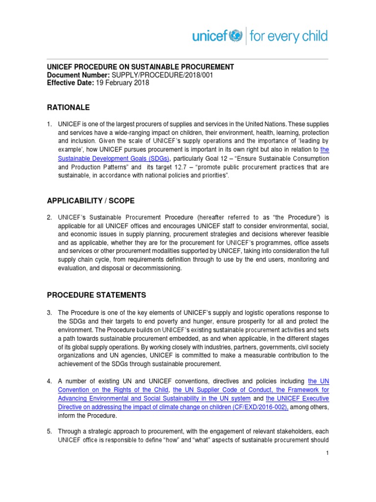 UNICEF Sustainable Procurement Procedure | PDF | Sustainability ...