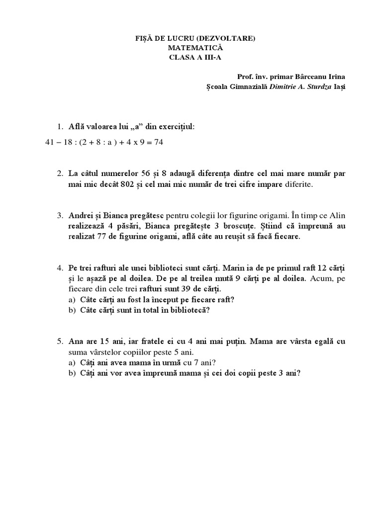 Fisa de Lucru Matematica Clasa A III A Dezvoltare | PDF