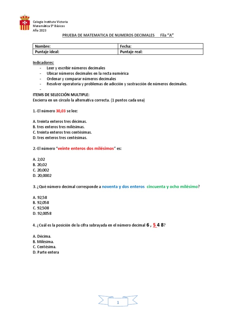 Prueba de Matematica Fila A | PDF | Notación Matemática | Objetos ...