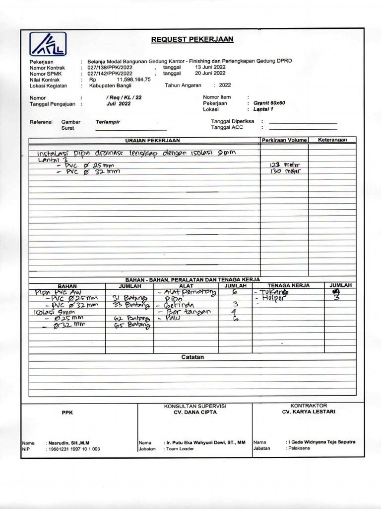 01. FORM REQUEST PEKERJAAN GEDUNG DPRD | PDF
