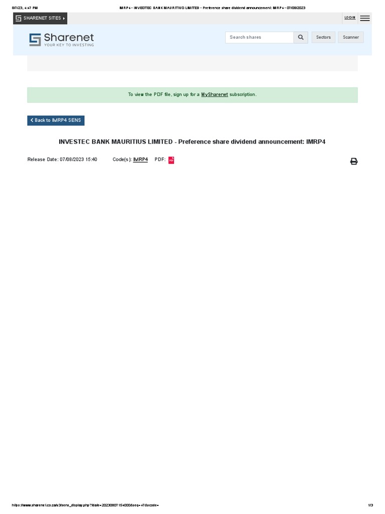 Investec Mauritius Preference Dividend Announcement | PDF | Preferred ...