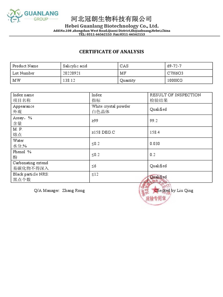 Salicylic Acid 69-72-7 COA | PDF