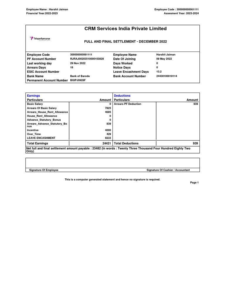 CRM Services India Private Limited: Full and Final Settlement ...