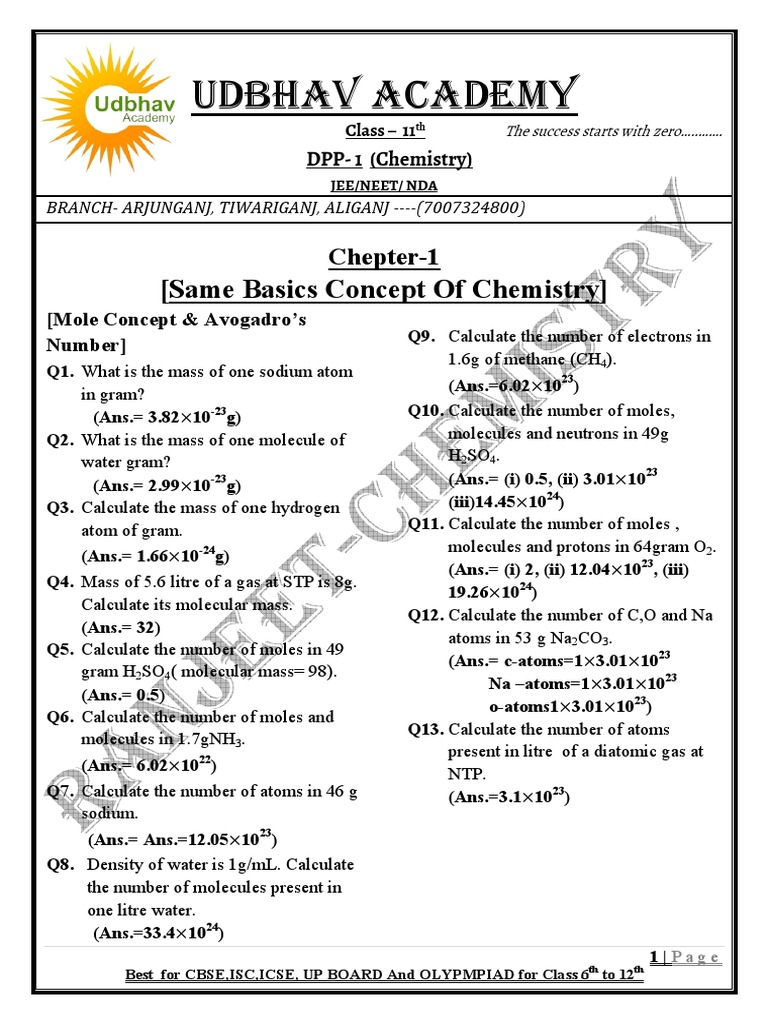 Chemistry (88) Class 11th Dpp-1chaper 1 | PDF | Mole (Unit) | Molecules