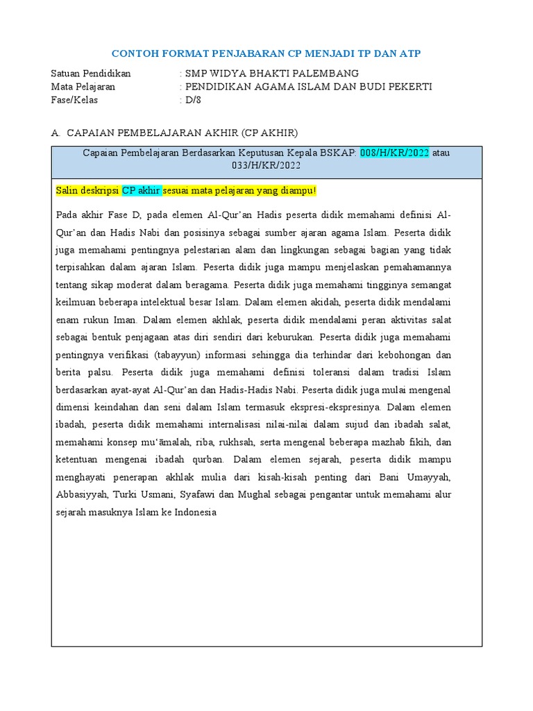 Format Penjabaran CP Menjadi TP Dan ATP SMP Baru | PDF
