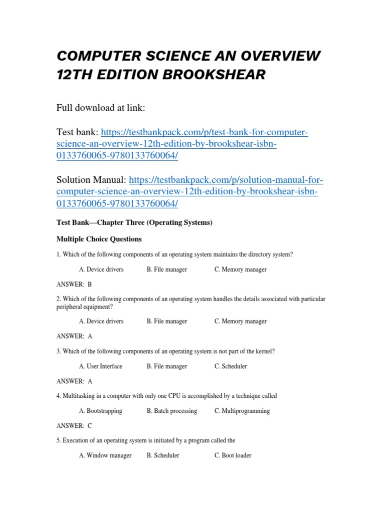 Computer Science An Overview 12th Edition Brookshear Test Bank 1 | PDF
