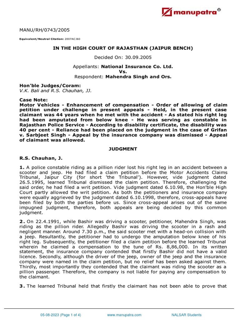 National Insurance Co LTD Vs Mahendra Singh and OrR050743COM615621 ...