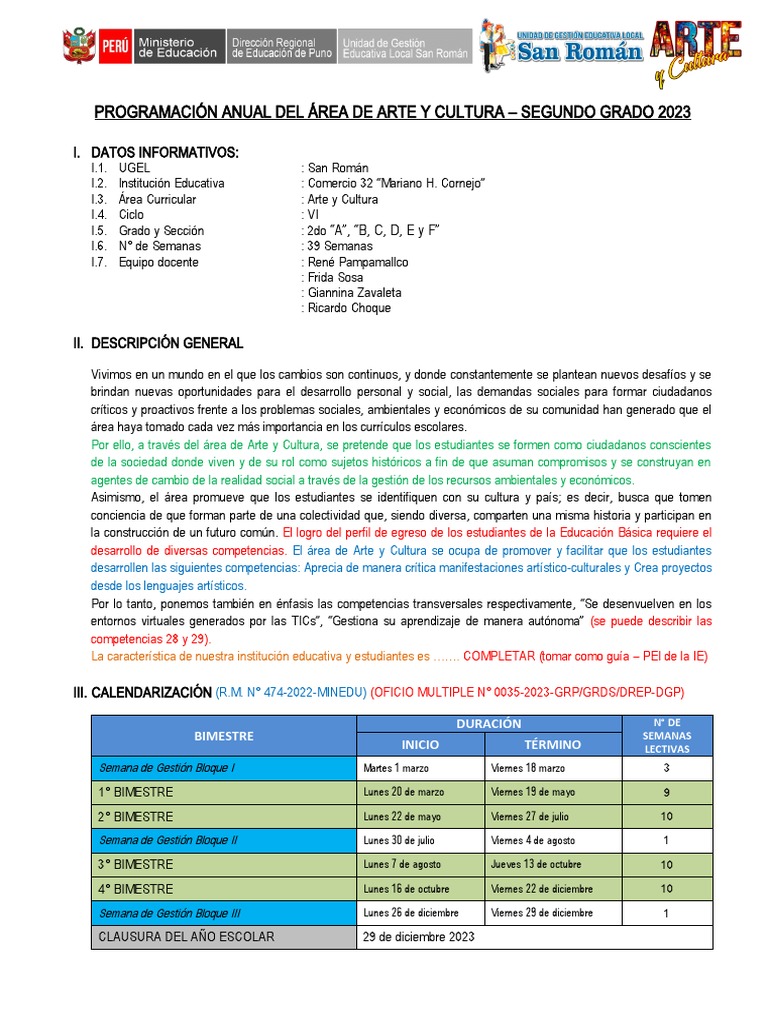 Programacion Anual - Arte y Cultura - Tercer Grupo - Elaborado (2do Grado) | PDF | Evaluación ...
