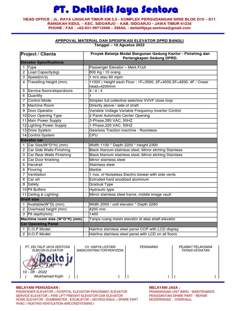 Approval Material Spek Jadwal Passenger Lift FUJI - DPRD BANGLI - 10 Agustus 22 | PDF | Elevator ...