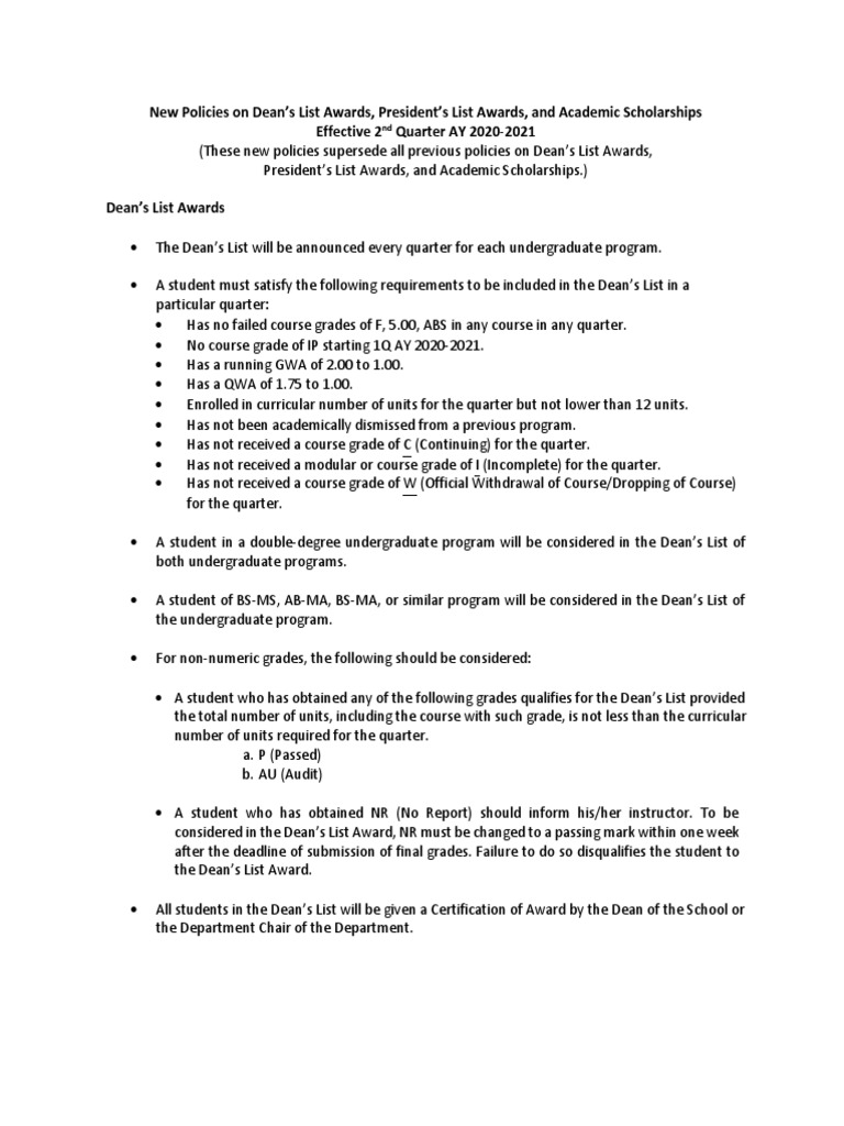 Revised-New Policies On Dean's List and President's List | PDF | Higher Education | Educational ...