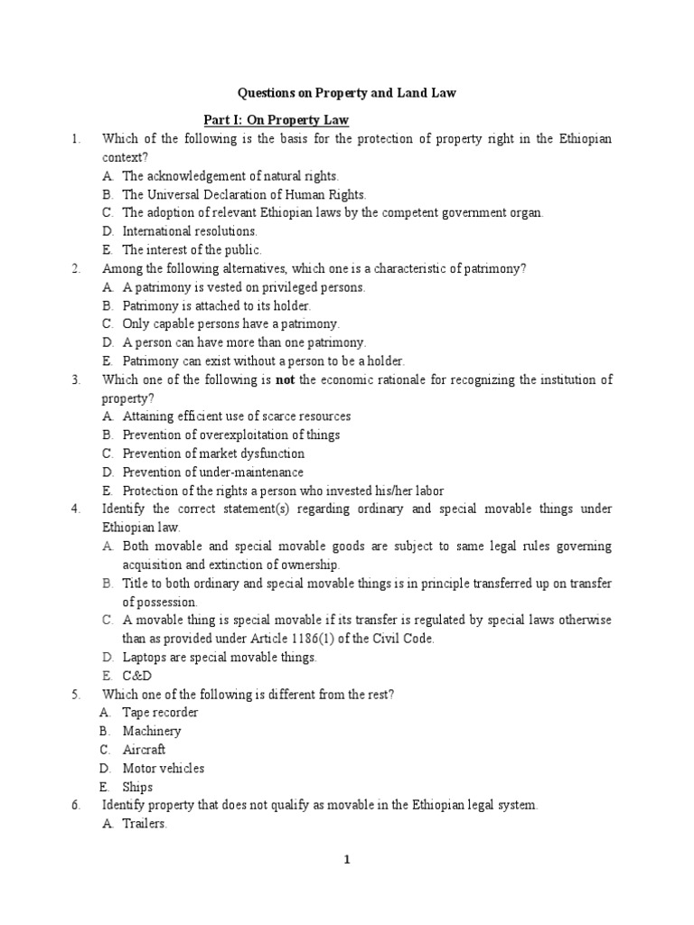 Ethiopian Property and Land Law Questions | PDF | Property | Eminent Domain