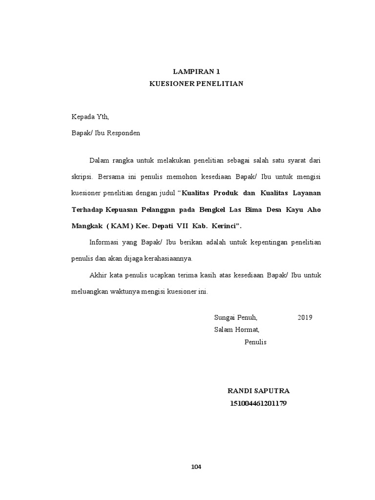 Lampiran 5 Kuesioner Penelitian | PDF