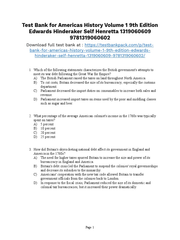Americas History Volume 1 9th Edition Edwards Test Bank Download | PDF