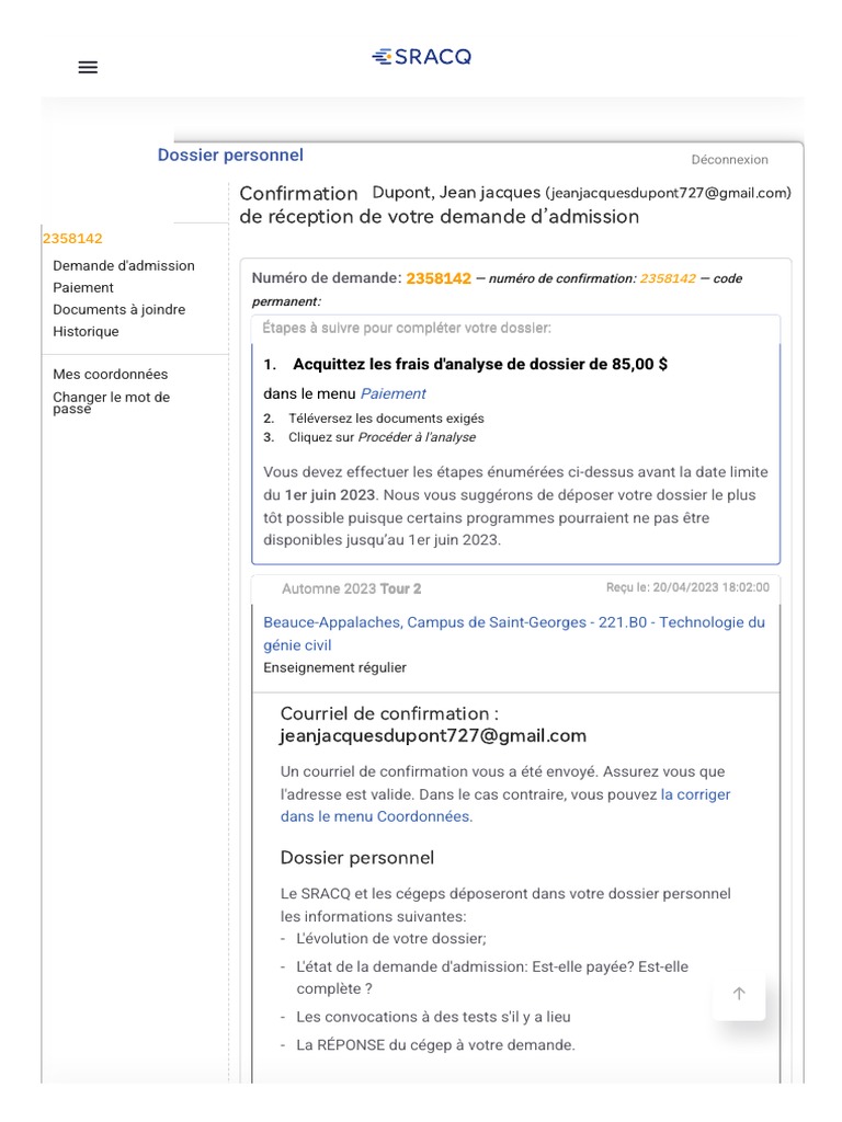 Suivi de votre demande d'admission SRACQ | PDF